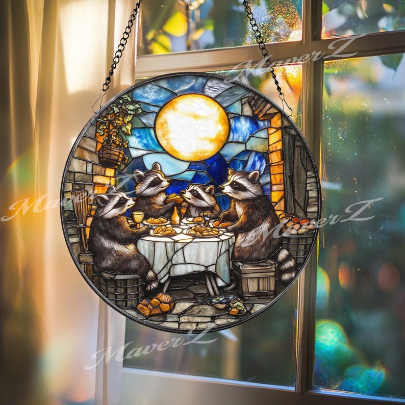 Raccoon Stained Glass Suncatcher: Funny Animal Window Hanging ...