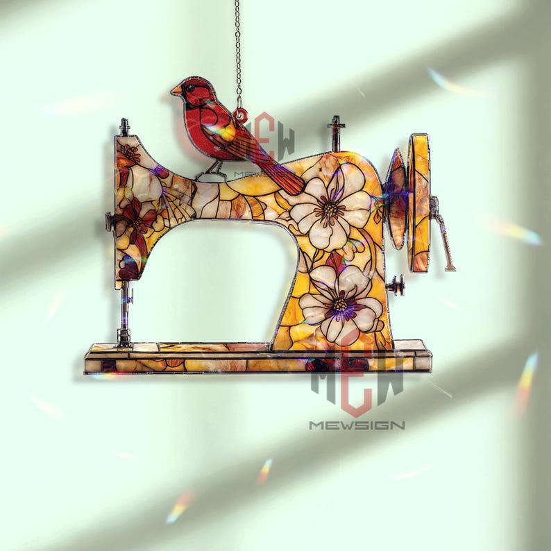 Cardinal Floral Sewing Machine Acrylic Suncatcher, Golden Stained Glass ...