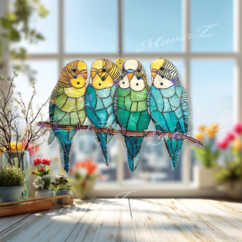 Colorful Parakeet Acrylic Suncatcher, Budgie Birds Window Hanging ...