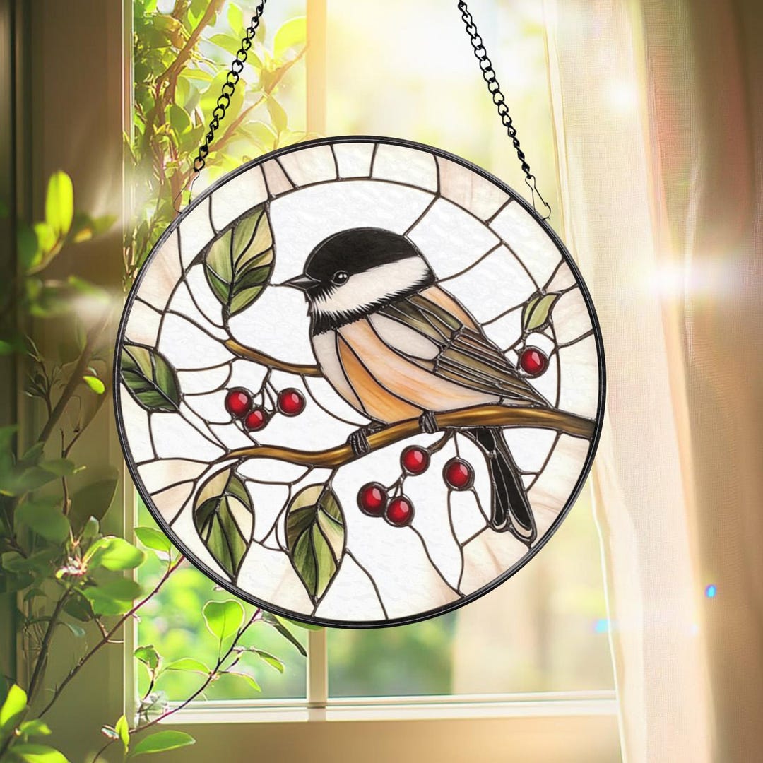 Chickadee Bird Stained Glass Suncatcher, Round Window Hanging Panel ...