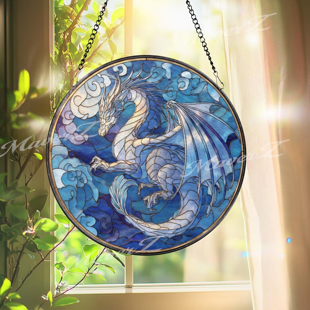 Blue Dragon Stained Glass Suncatcher, Fantasy Window Decor, Mythical ...