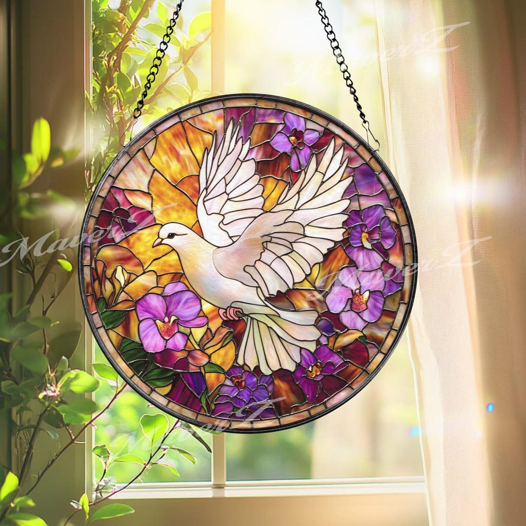 White Dove Stained Glass Suncatcher, Peace Bird Window Hanging, Floral ...
