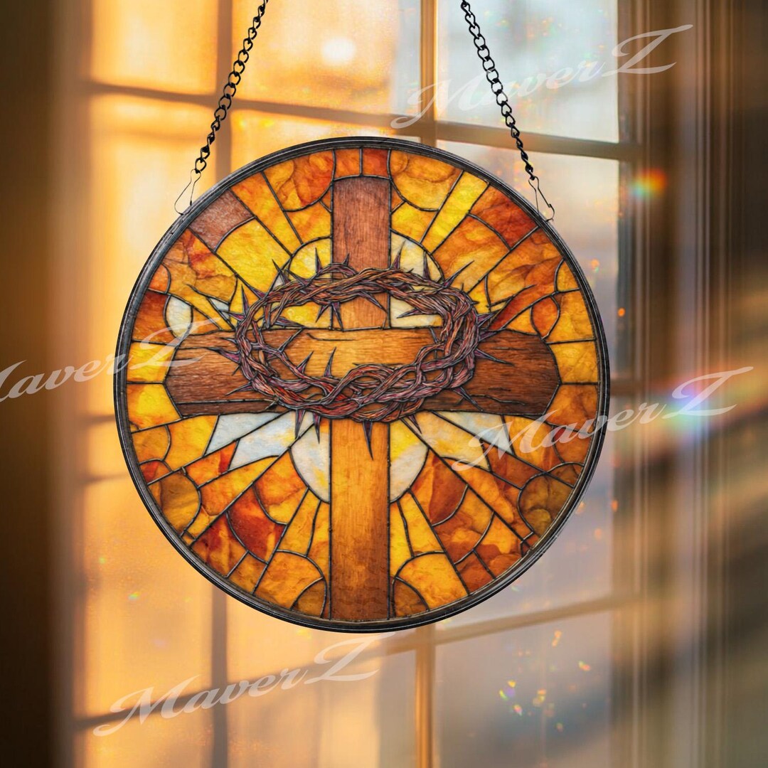 Cross and Crown of Thorns Stained Glass Suncatcher, Round Christian ...