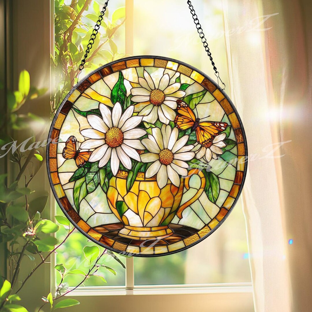 Daisy Butterfly Stained Glass Suncatcher: Floral Teacup Window Panel - Etsy