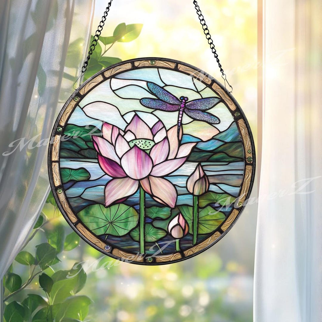 Lotus Flower & Dragonfly Stained Glass Suncatcher: Zen Garden Decor - Etsy