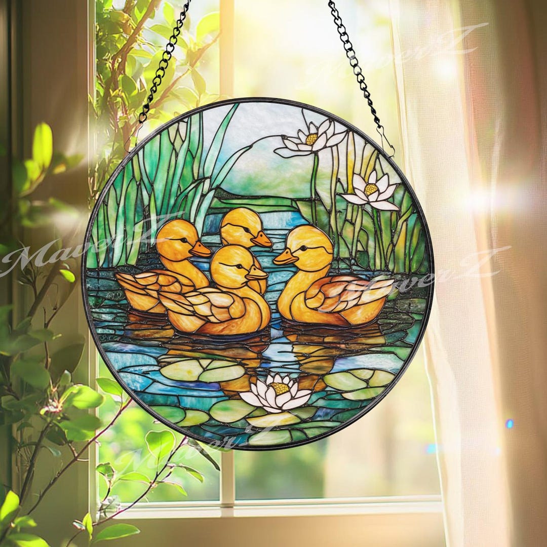 Ducklings Stained Glass Suncatcher, Baby Ducks Window Hanging Panel ...