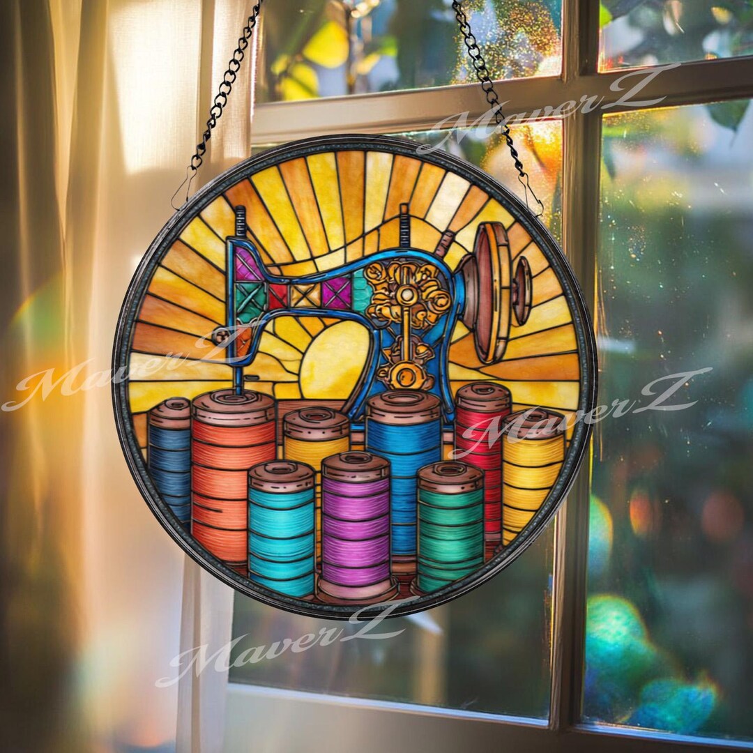 Sewing Machine Stained Glass Suncatcher, Round Colorful Thread Spools ...