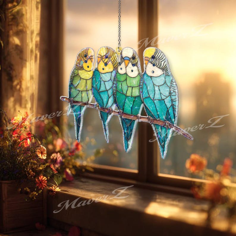 Colorful Parakeet Acrylic Suncatcher, Budgie Birds Window Hanging ...