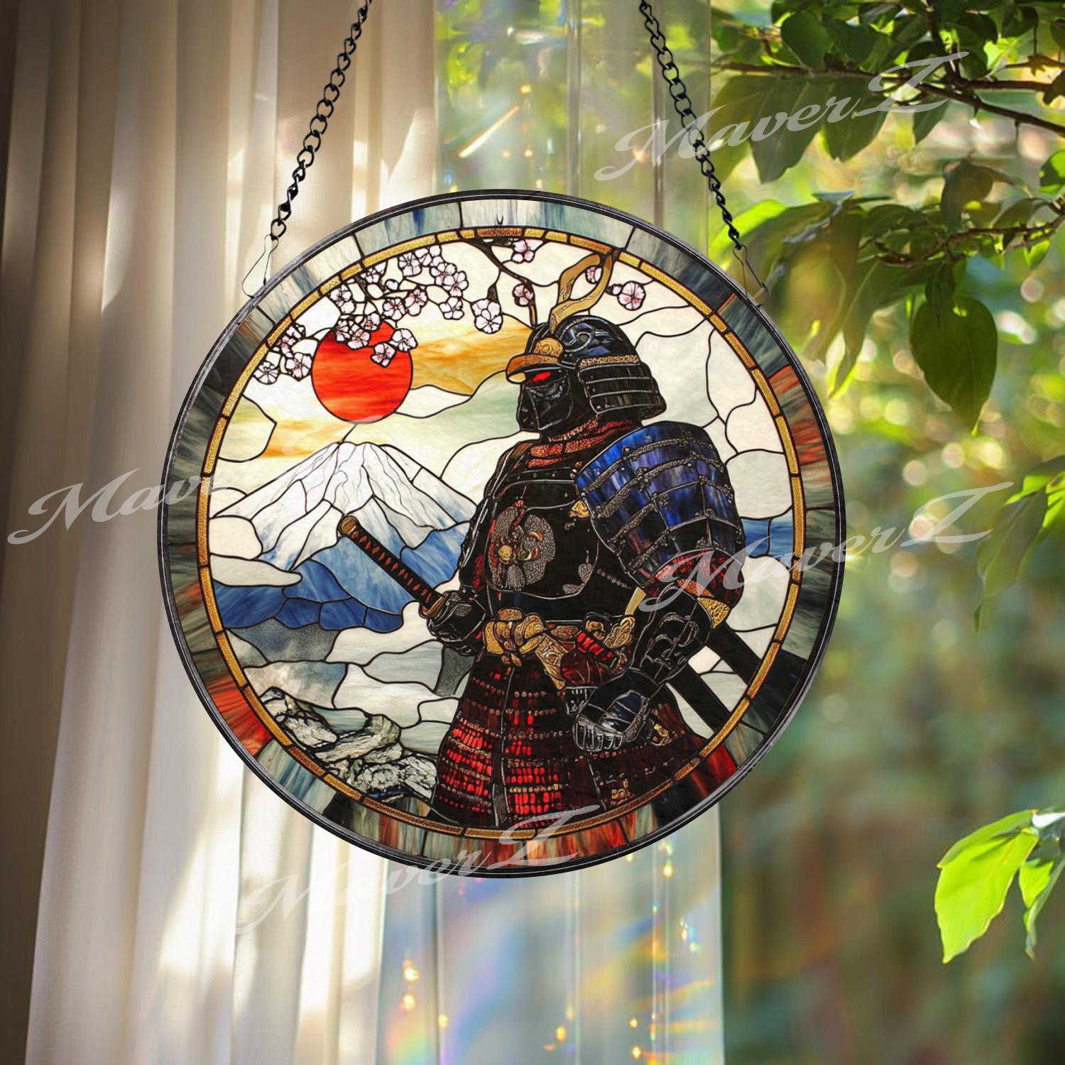 Japanese Samurai Suncatcher: Mount Fuji & Cherry Blossoms Window Decor ...