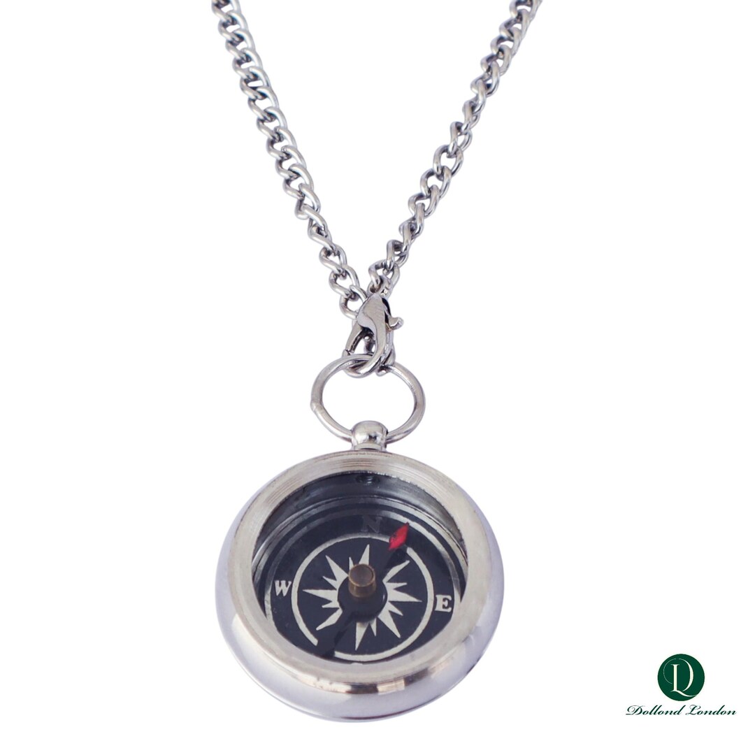 Personalised Working Compass Necklace: Engraved Silver Colour Necklace ...
