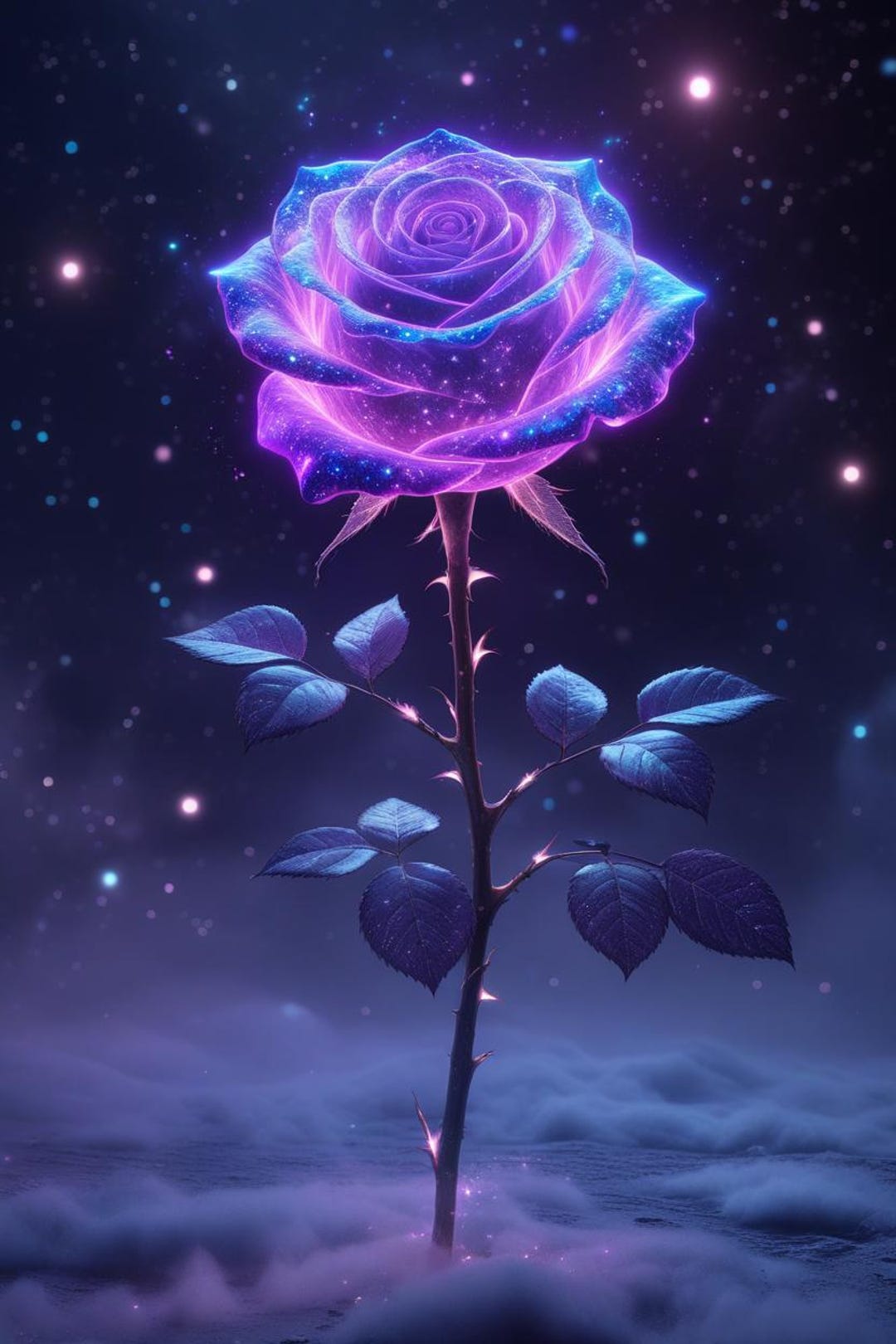 A Mesmerizing Cosmic Rose Glowing With Ethereal Purple and Blue Hues ...