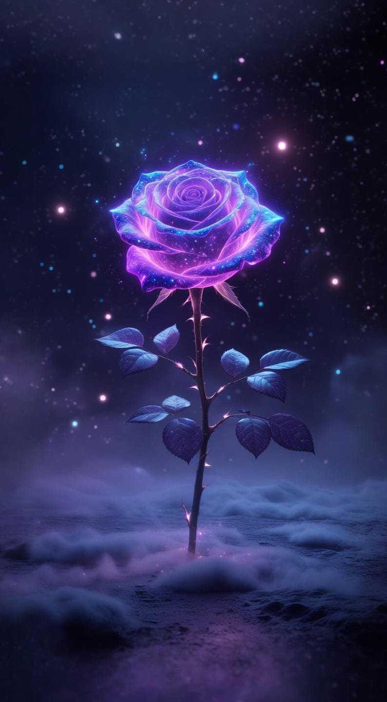 A Mesmerizing Cosmic Rose Glowing With Ethereal Purple and Blue Hues ...
