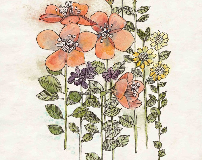 Coral Flowers Print - Rustic Flower Wall Art, Botanical Artwork, Coral ...