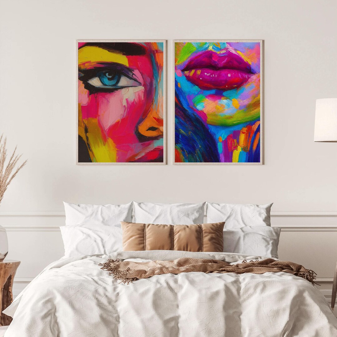 Abstract Face Digital Wall Art Bundle, Colorful Lip and Eye Prints ...