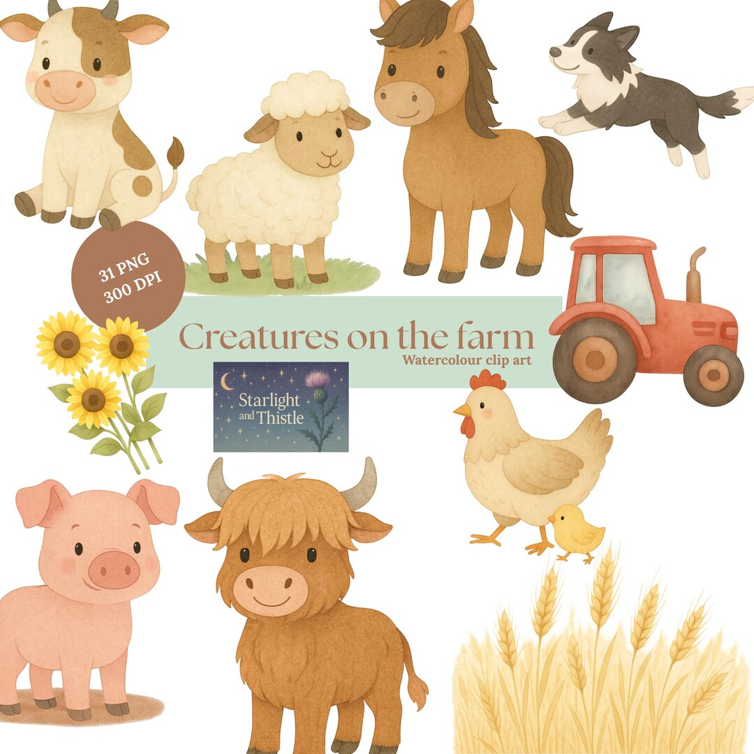 Watercolor Farm Animal Clipart Bundle: 30 PNG Images, 300 DPI - Etsy