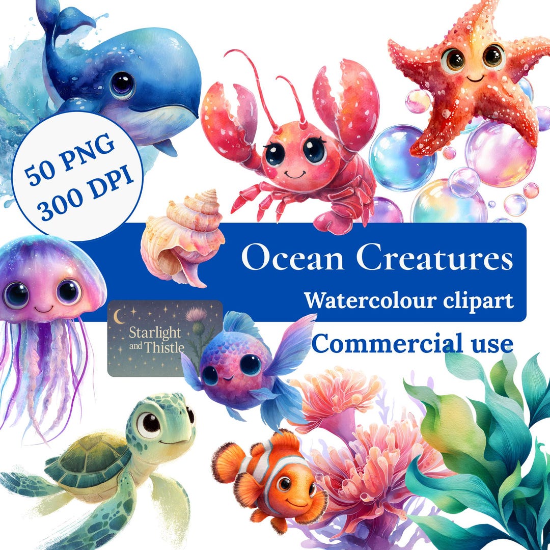 Ocean Creatures Clipart Bundle, Cute Under the Sea Watercolor PNG, Kids ...