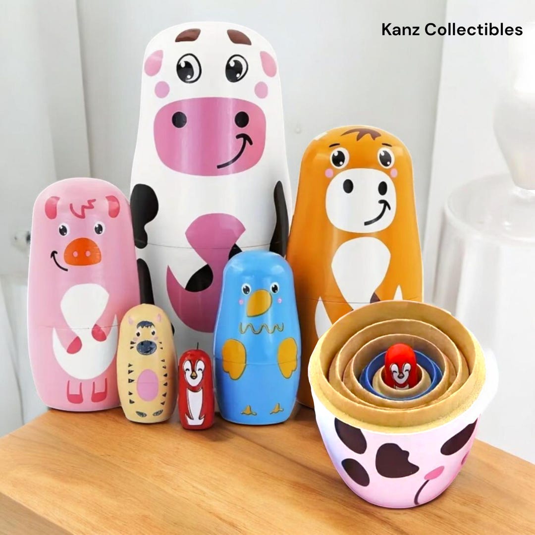 Handmade Wooden 6-piece Pigs Nesting Doll Set –cute Animal Matryoshka ...