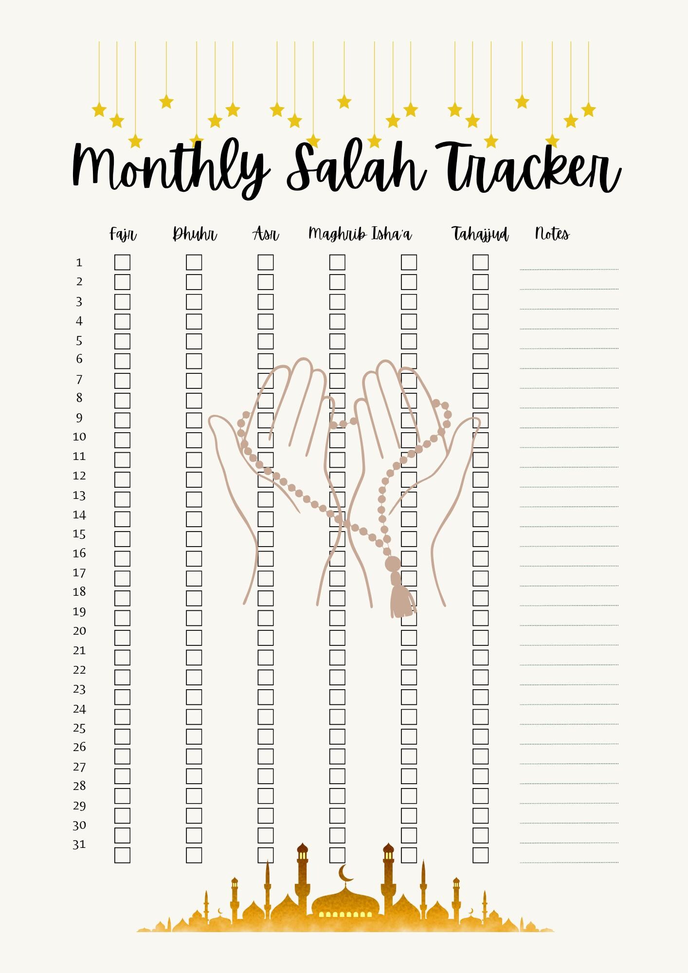 Beige Monthly Salah Tracker | Printable Islamic Prayer Planner | Muslim ...