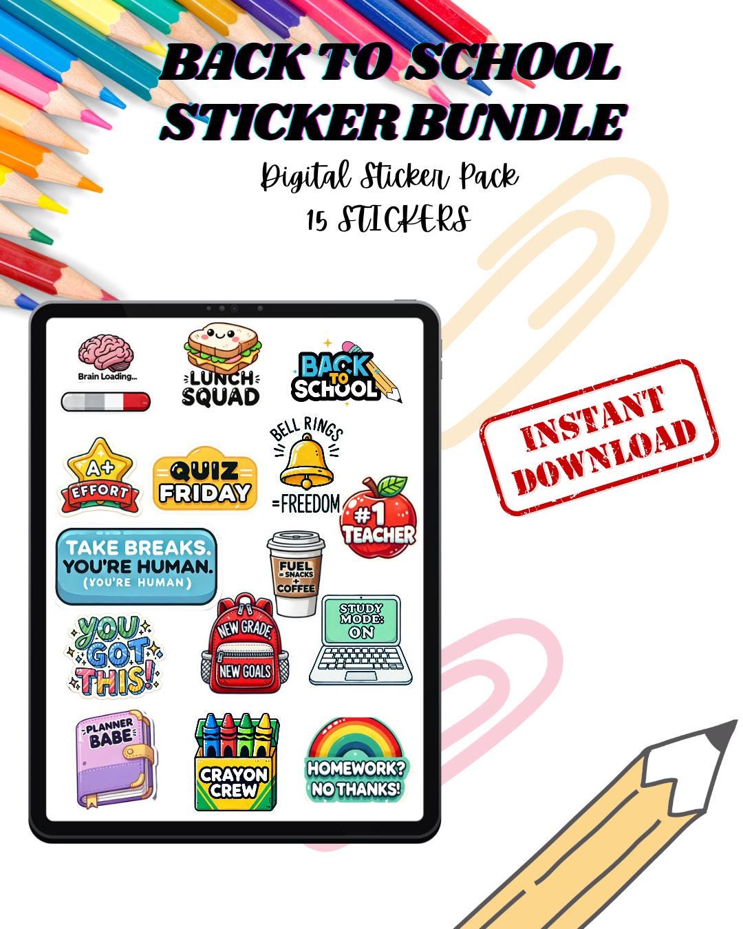 Back to School Digital Sticker Bundle | Planner, Scrapbook (PNG) - Etsy