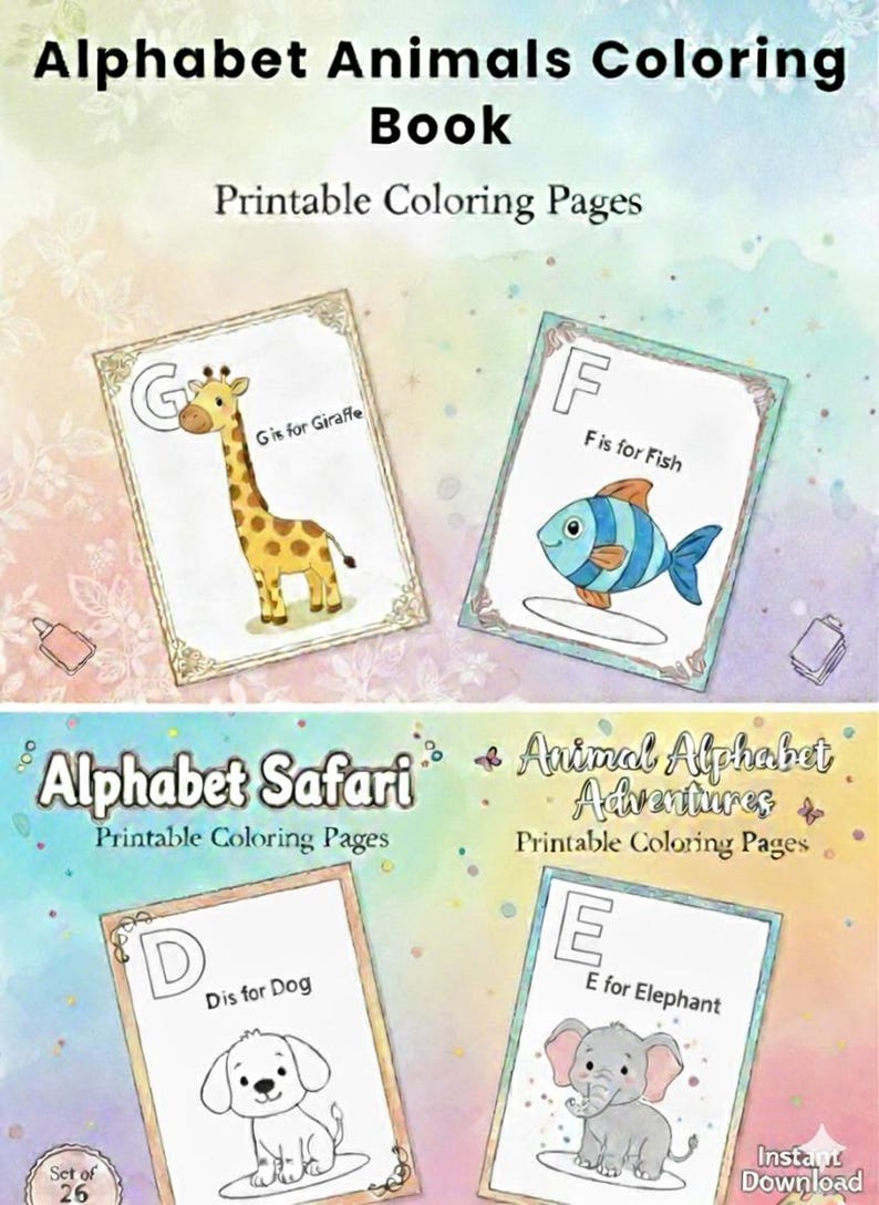 Alphabet Animal Coloring Pages: A to Z Printable Activity (instant ...