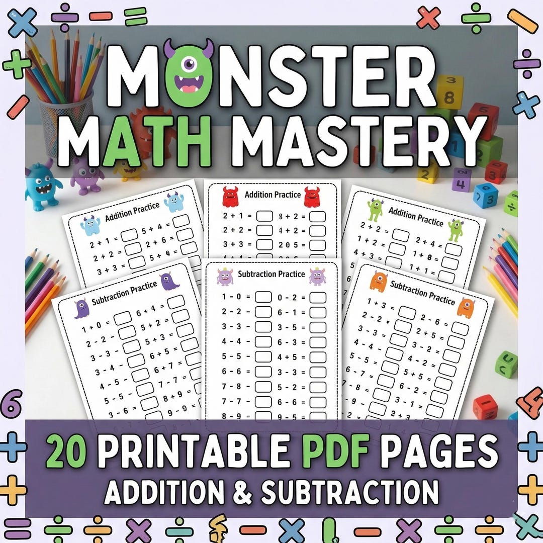 Monster Math Worksheets, Addition Subtraction Practice (PDF Download ...