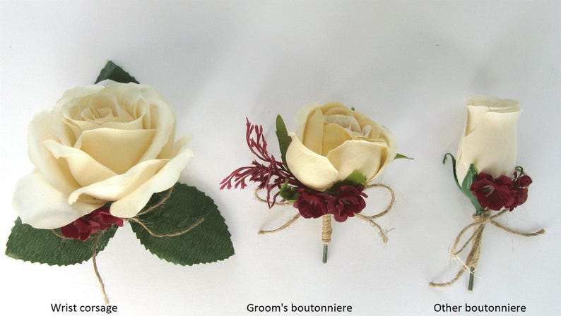 Elegant Faux Bridal Bouquet in Ivory and Burgundy With Lush Greenery. Comes With Matching ...