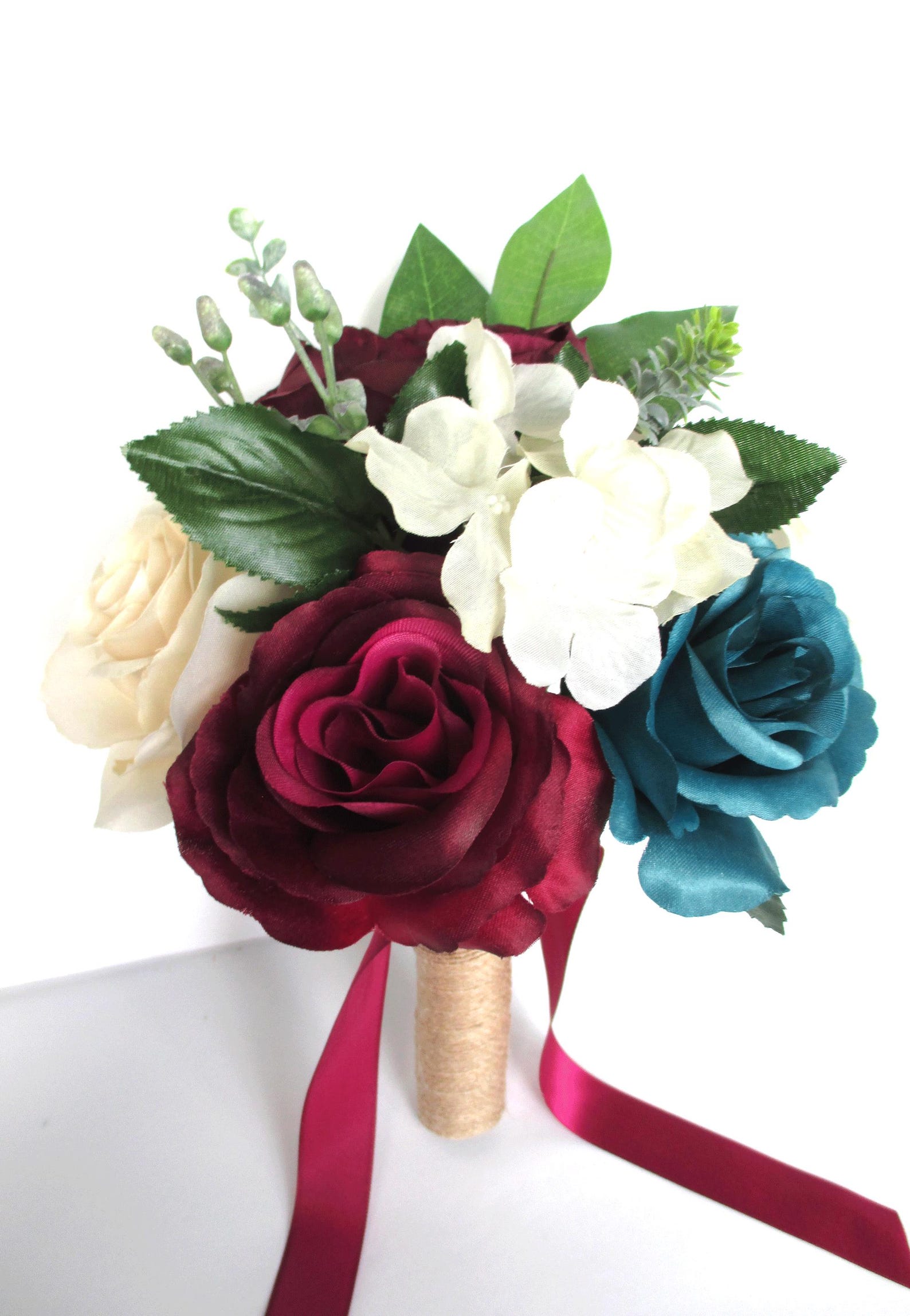 Teal & Merlot Silk Wedding Flower Set: Bridal Bouquet, Boutonnieres ...