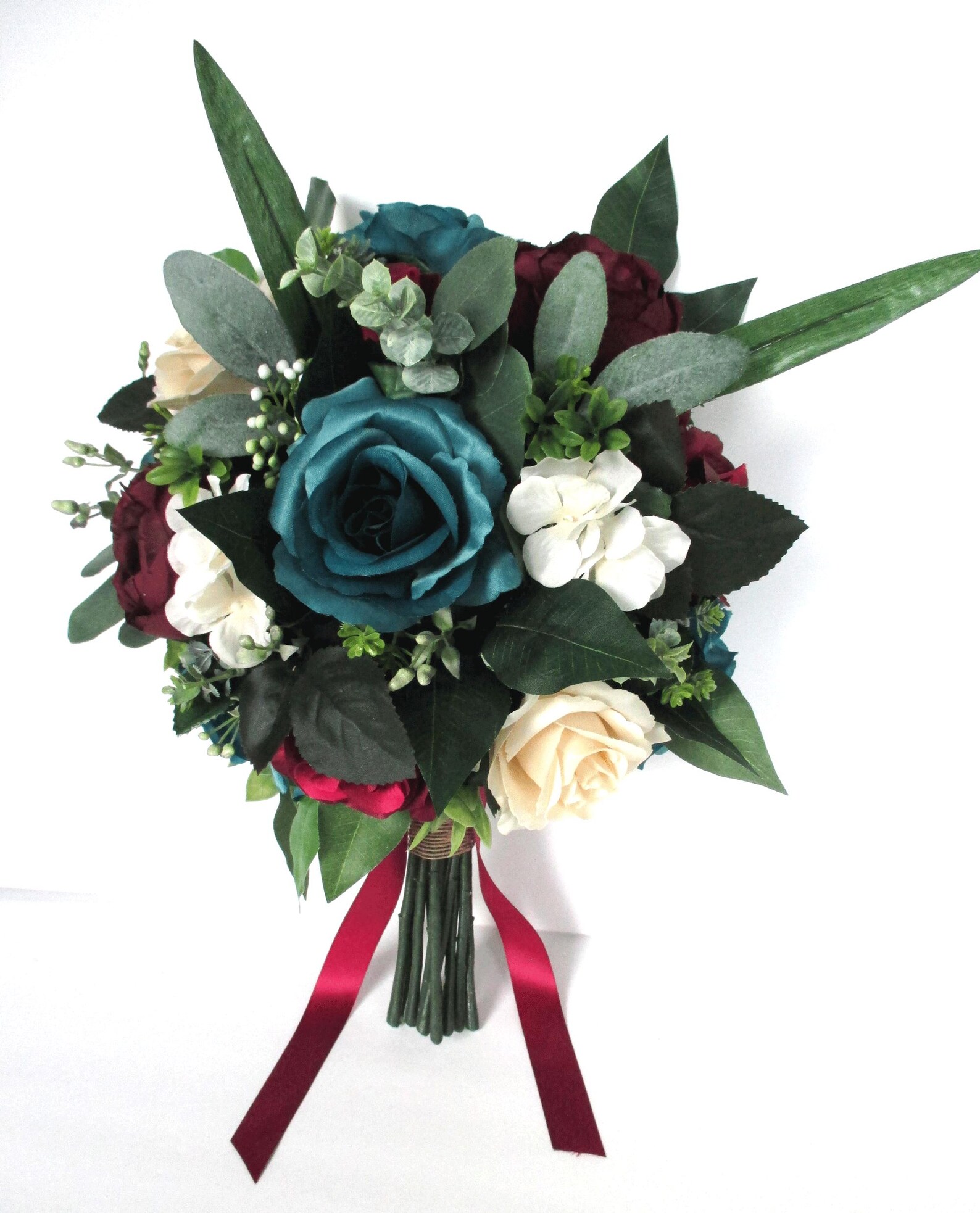 Teal & Merlot Silk Wedding Flower Set: Bridal Bouquet, Boutonnieres ...