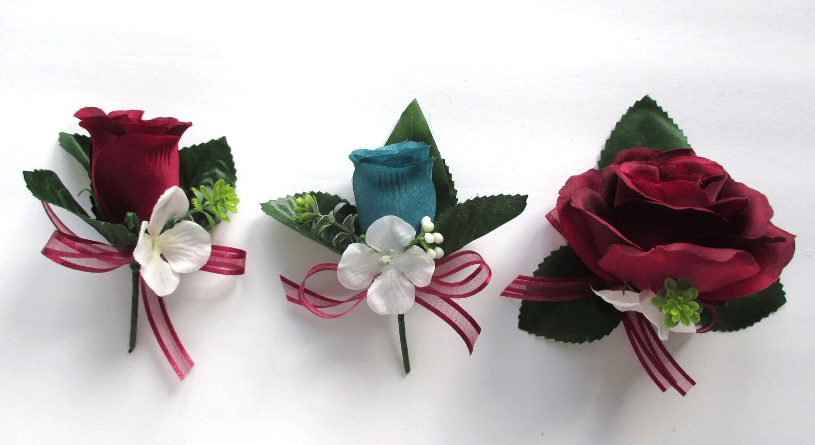 Teal & Merlot Silk Wedding Flower Set: Bridal Bouquet, Boutonnieres ...