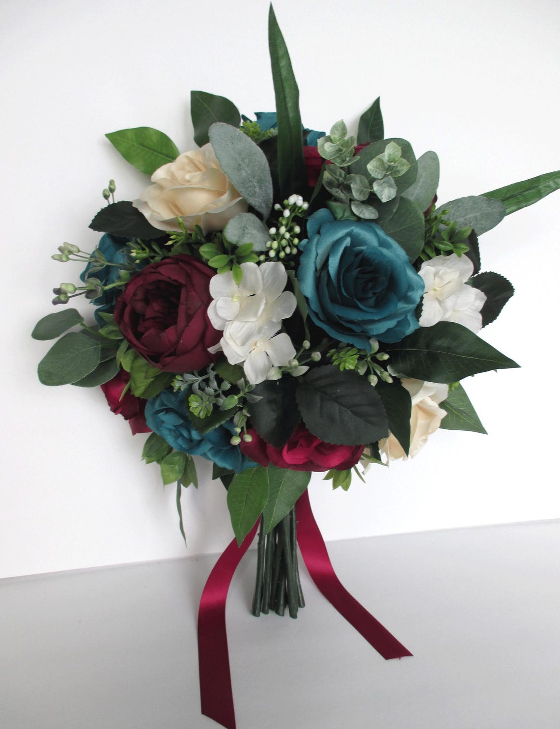 Teal & Merlot Silk Wedding Flower Set: Bridal Bouquet, Boutonnieres ...