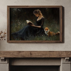 Victorian Woman and Fox in Wild Reading Print Dark Academia Art Gothic ...