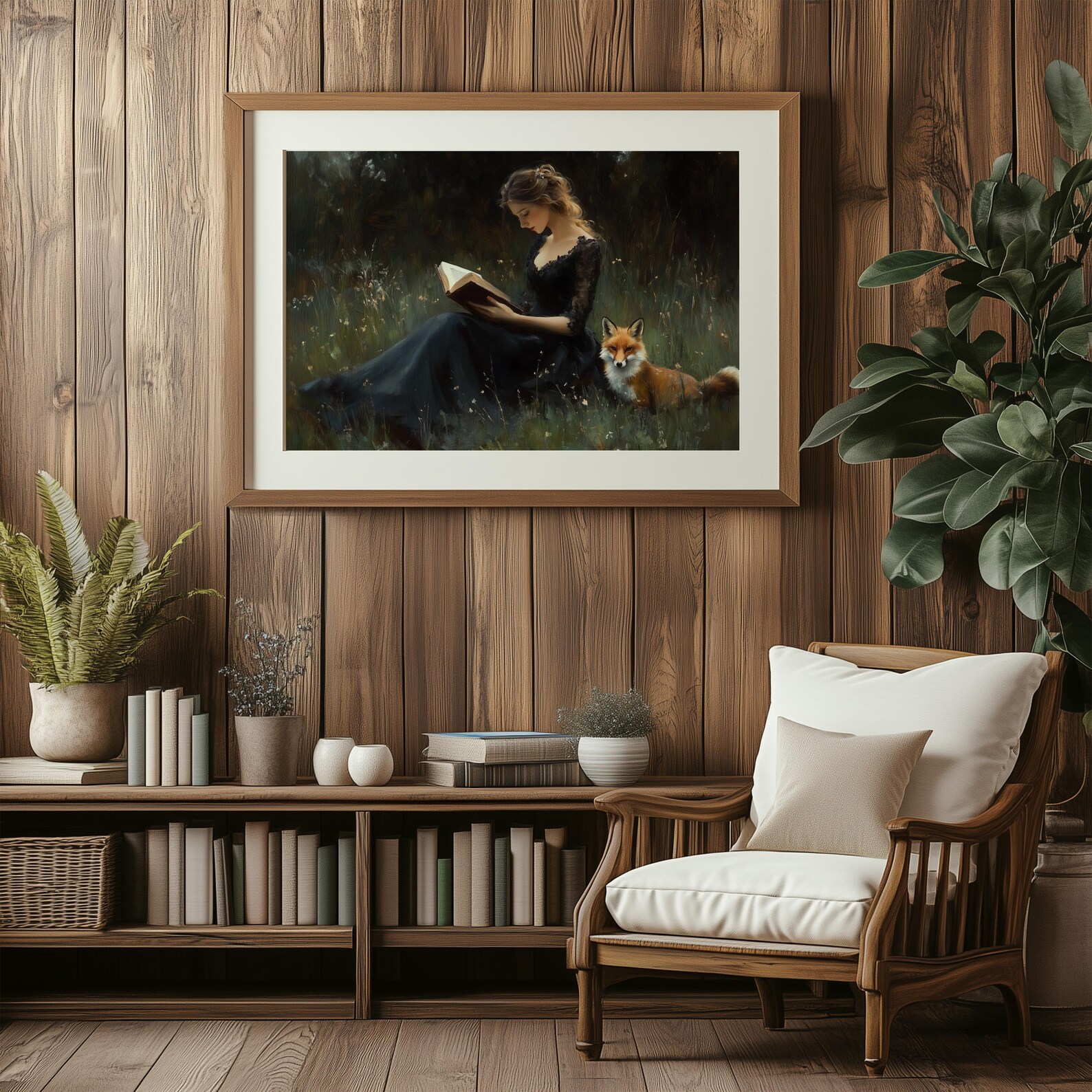 Victorian Woman and Fox in Wild Reading Print Dark Academia Art Gothic ...