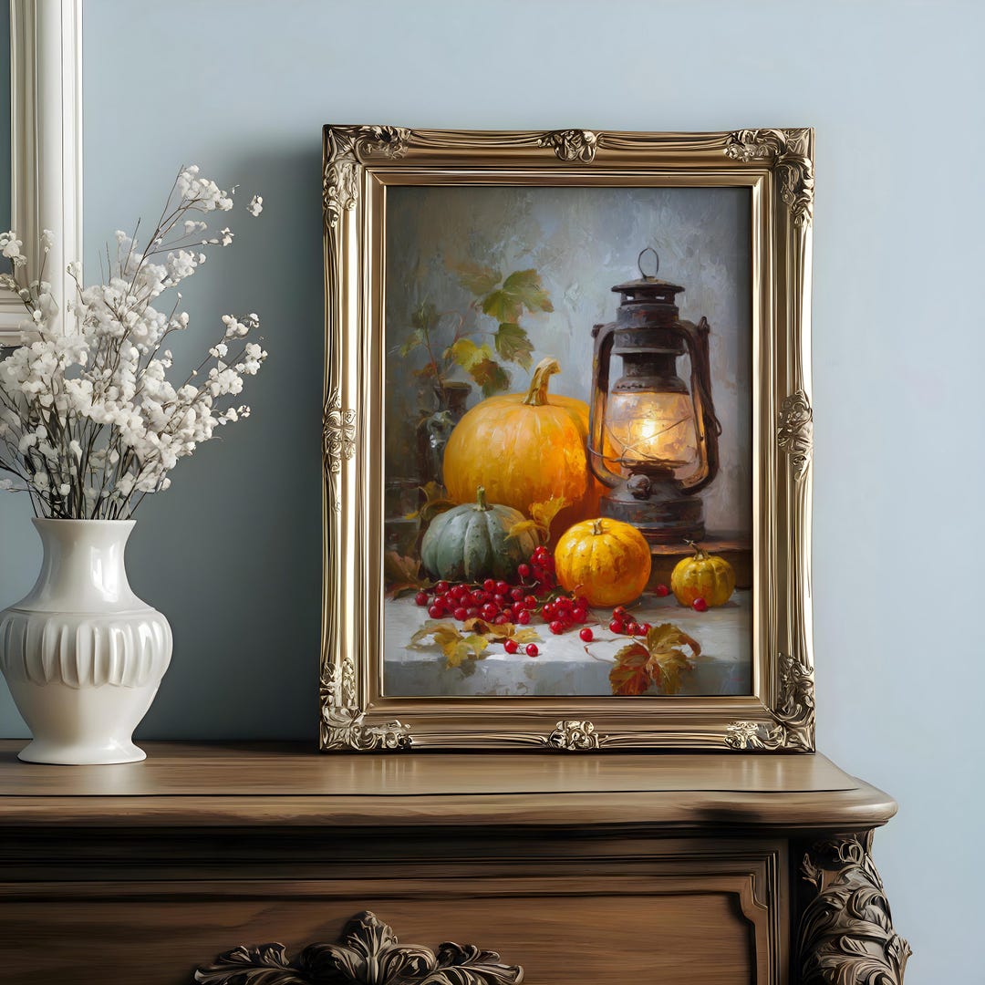 Autumn Pumpkin Still Life Oil Painting Wall Art, Rustic Harvest Canvas ...
