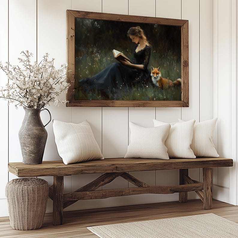 Victorian Woman and Fox in Wild Reading Print Dark Academia Art Gothic ...