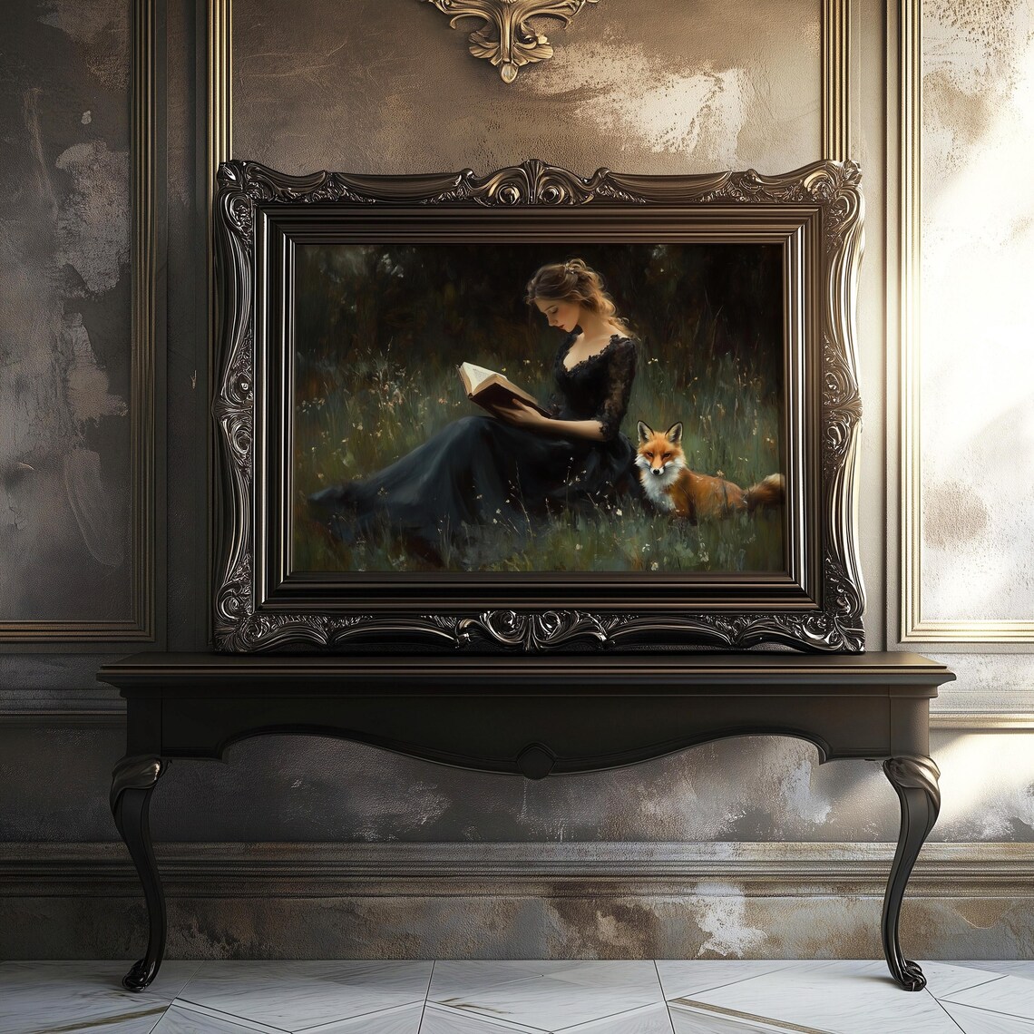 Victorian Woman and Fox in Wild Reading Print Dark Academia Art Gothic ...