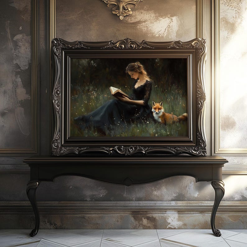 Victorian Woman and Fox in Wild Reading Print Dark Academia Art Gothic ...