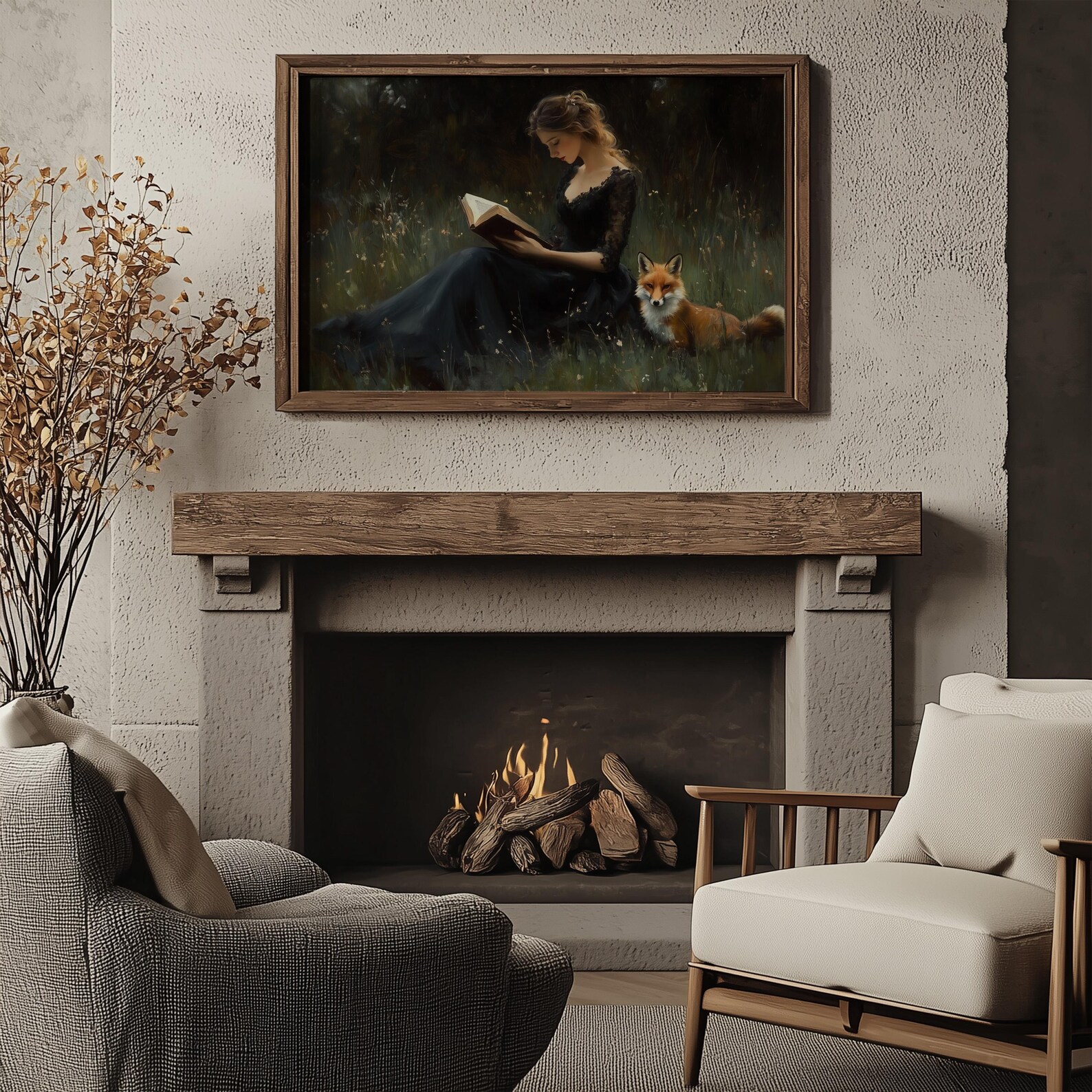 Victorian Woman and Fox in Wild Reading Print Dark Academia Art Gothic ...