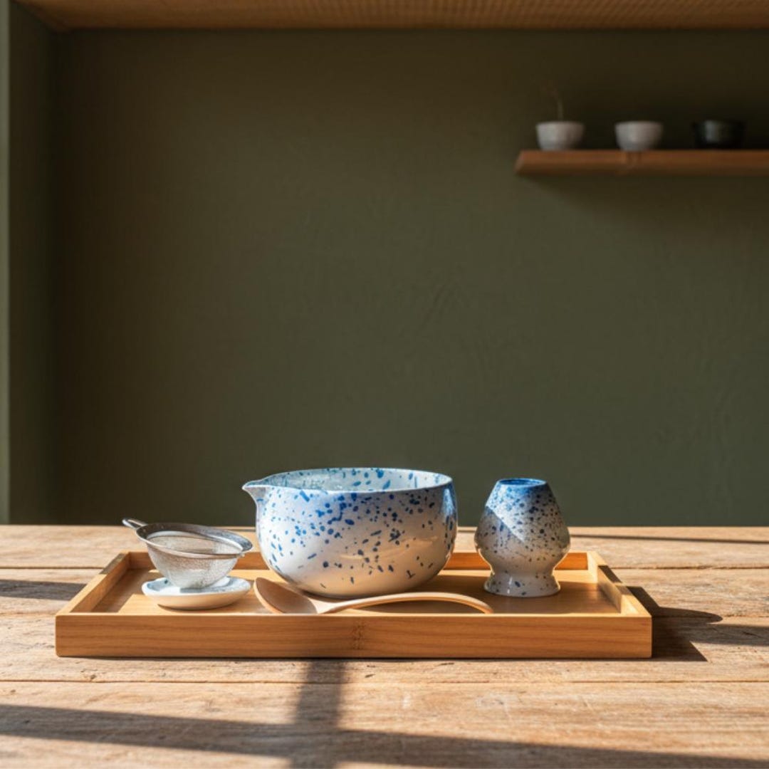 Blue Speckled Terrazzo Matcha Bowl Set: Modern Ceramic Japanese Tea ...