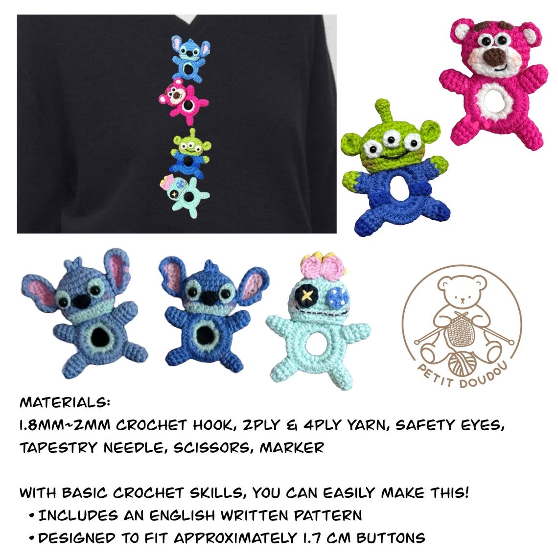 Character Button Covers Crochet Pattern: Stit, Bear, Aliens, Doll - Etsy