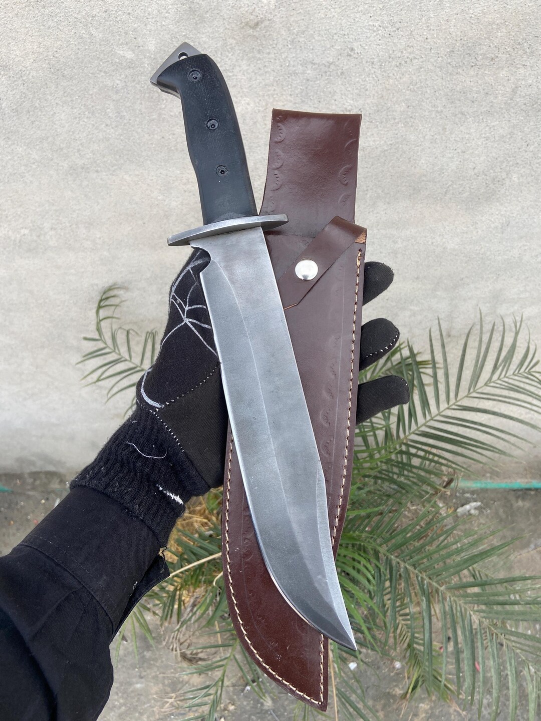 Handmade 5160 Spring Steel Bowie Knife: Black Micarta Handle, Leather ...