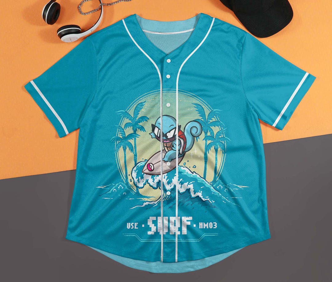 Squirtle Surfing Baseball Jersey, Funny Water-type Shirt, Kawaii Beach ...
