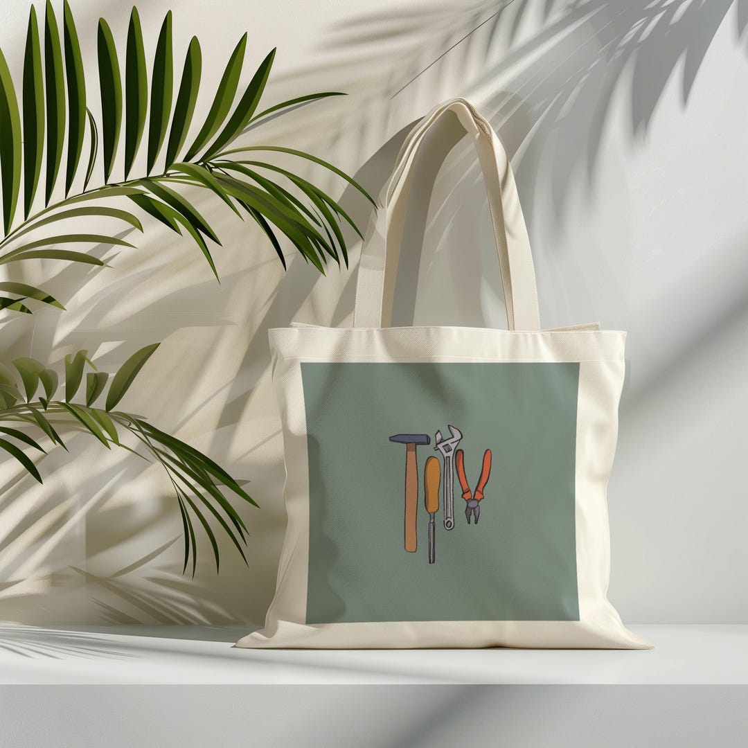 Hand Tools Illustration Tote Bag Hammer & Wrench Canvas Tote, Workshop ...
