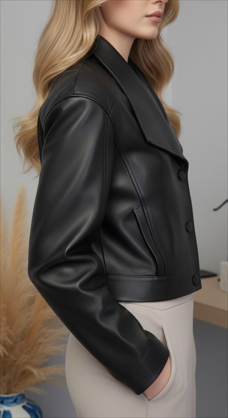 Minimalist Cropped Black Leather Jacket, Women’s Short Moto Leather ...