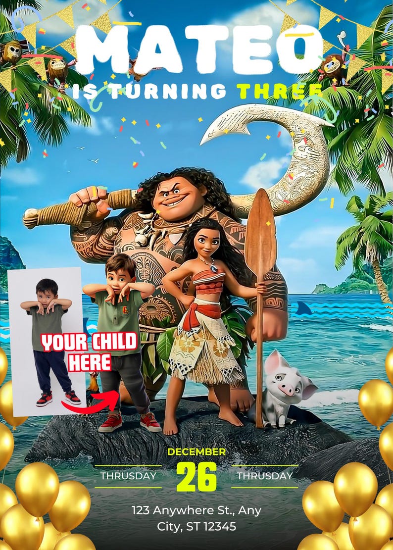 Editable Baby Moana Birthday Invitation | Kids Theme Party Invitation ...