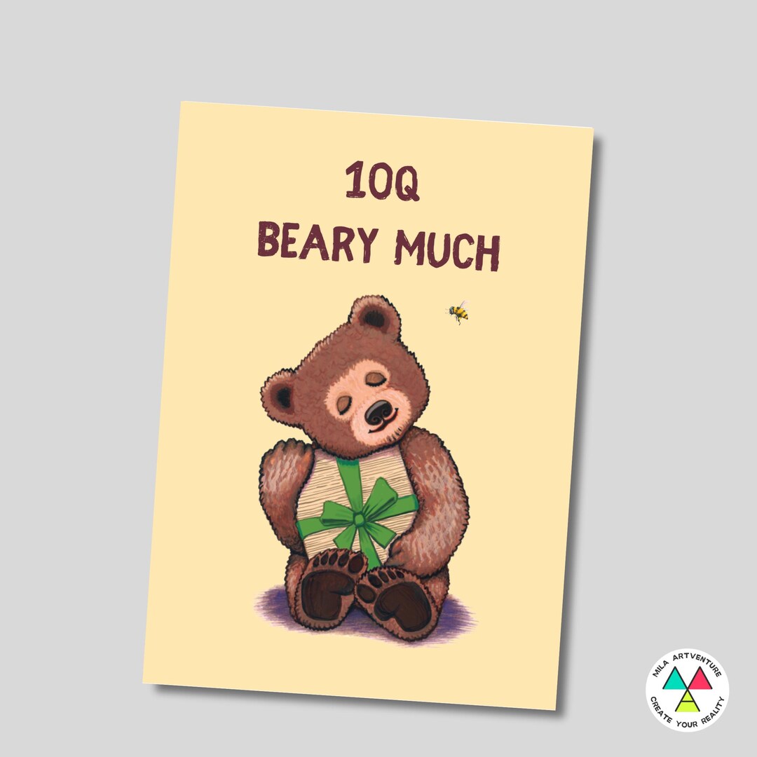 Printable Fun Thank You Card – 10 Q Teddy Bear & Honey Bee Pun – Cute ...
