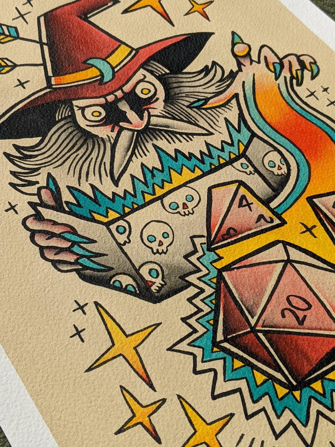 Handpainted Traditional Tattoo Flash - Wizard With Magic Dice and Stars ...