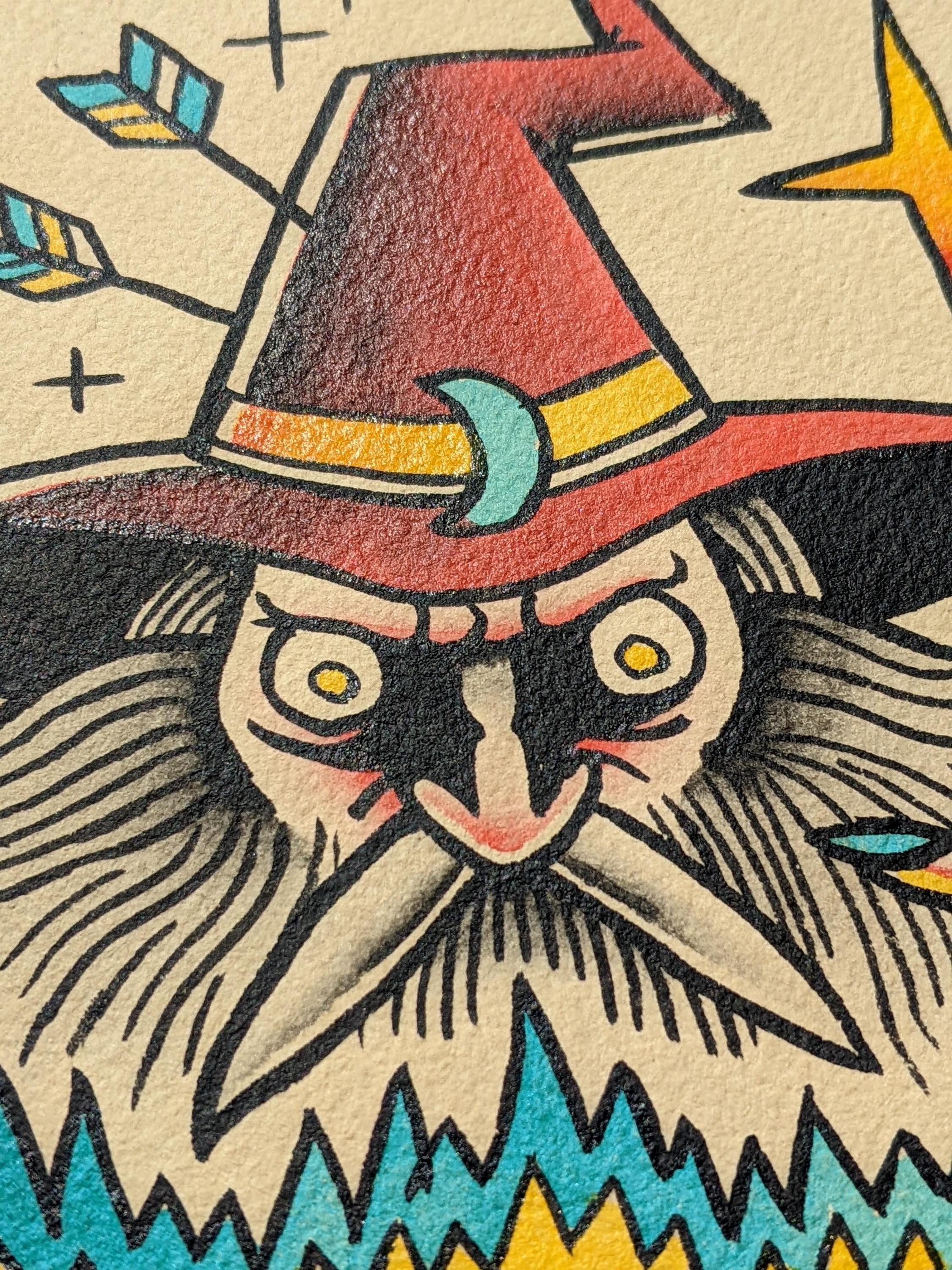 Handpainted Traditional Tattoo Flash - Wizard With Magic Dice and Stars ...