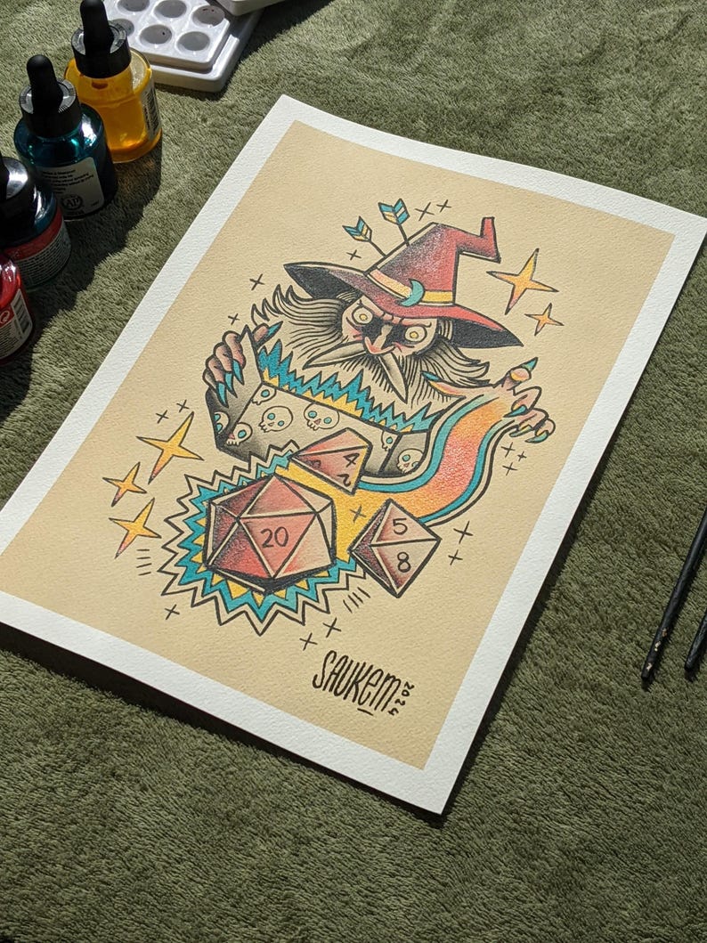 Handpainted Traditional Tattoo Flash - Wizard With Magic Dice and Stars ...
