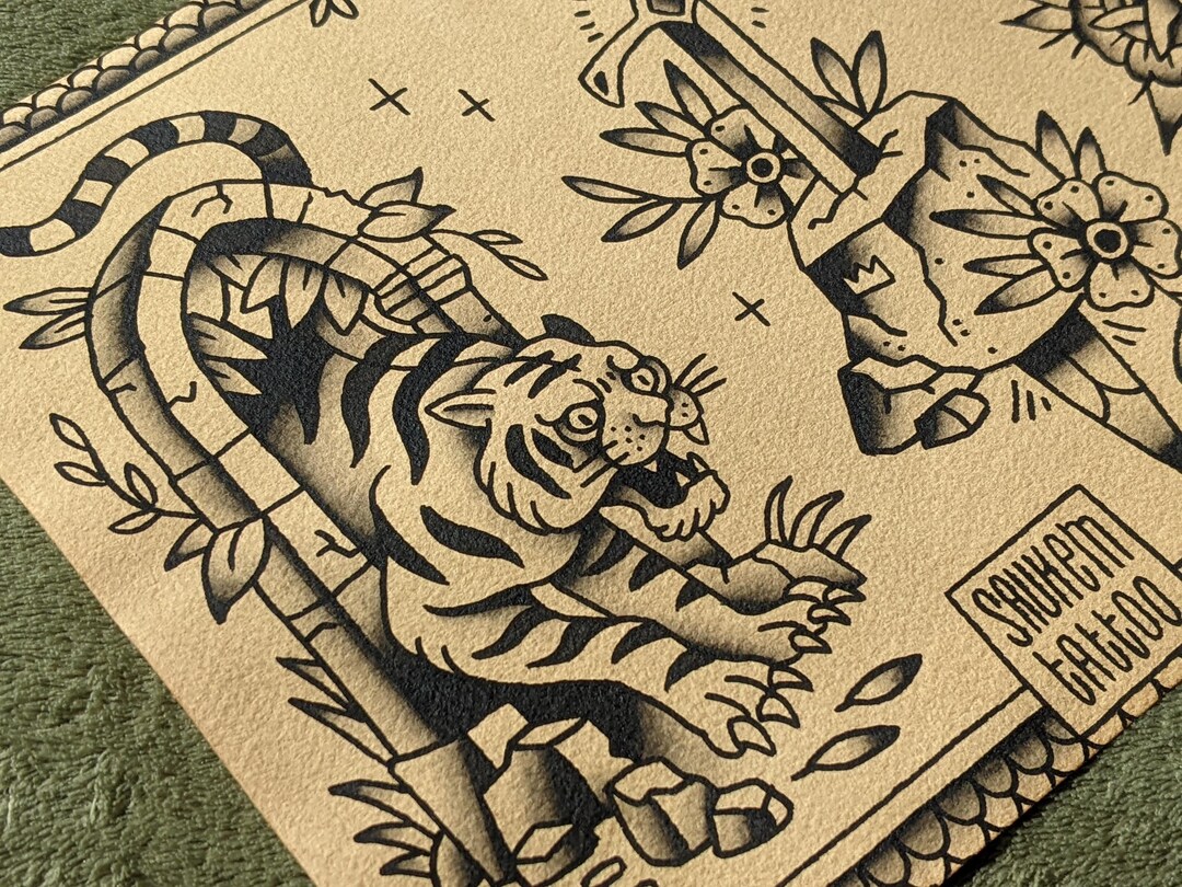 Handpainted Traditional Tattoo Flash - Tiger in Ruins, Kingmaker, Croc ...