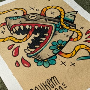 Handpainted Traditional Tattoo Flash - Severed Shark Head With Rope and ...